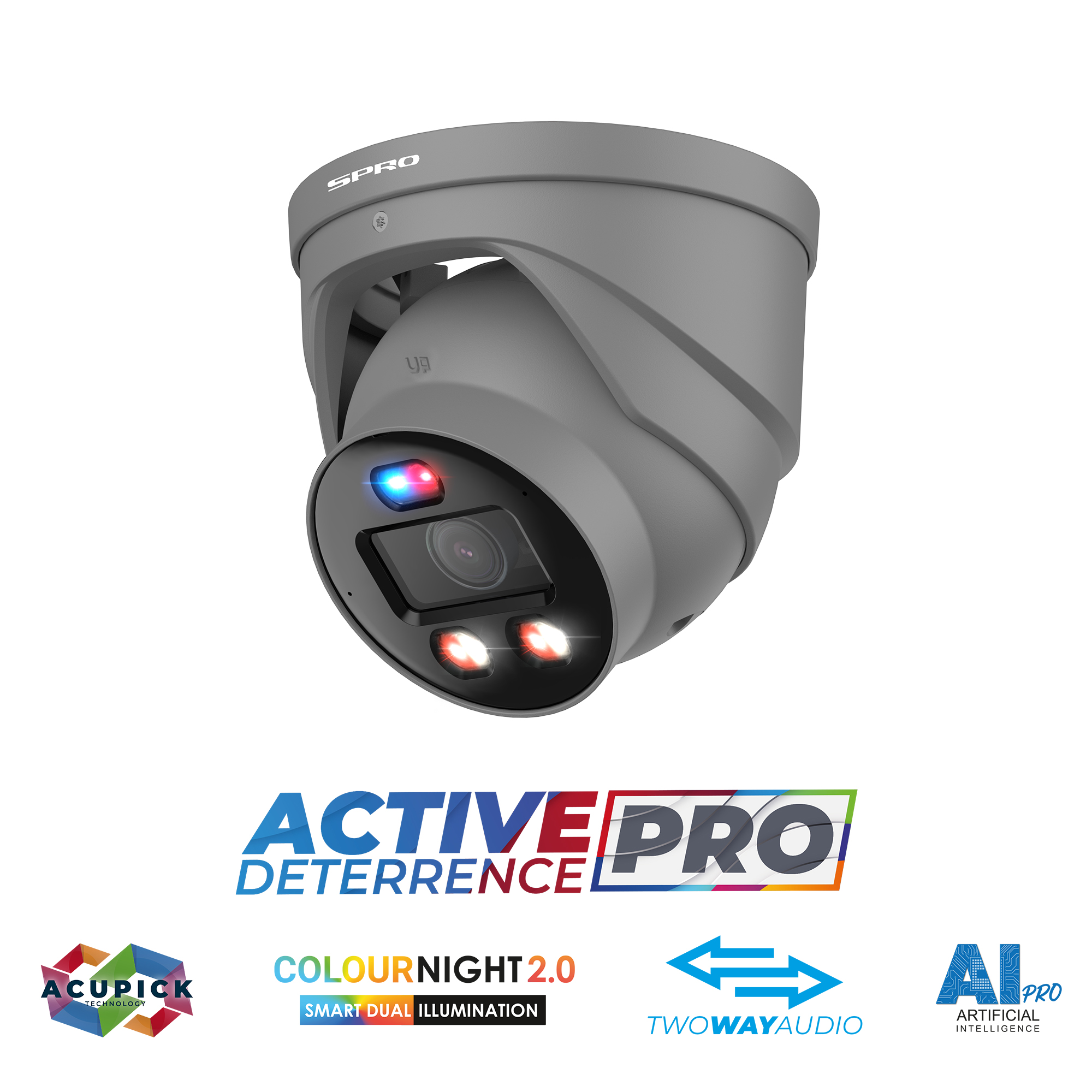 SPRO 8MP IP Turret ACTIVE DETERRENCE PRO with Smart Dual Illumination and Acupick Technology - Grey
